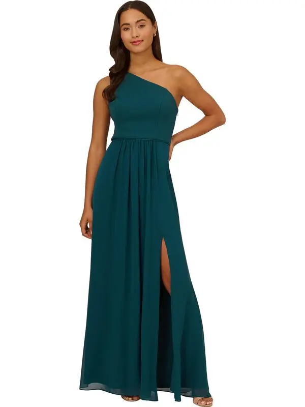 Adrianna Papell One-shoulder Chiffon Gown - Hunter