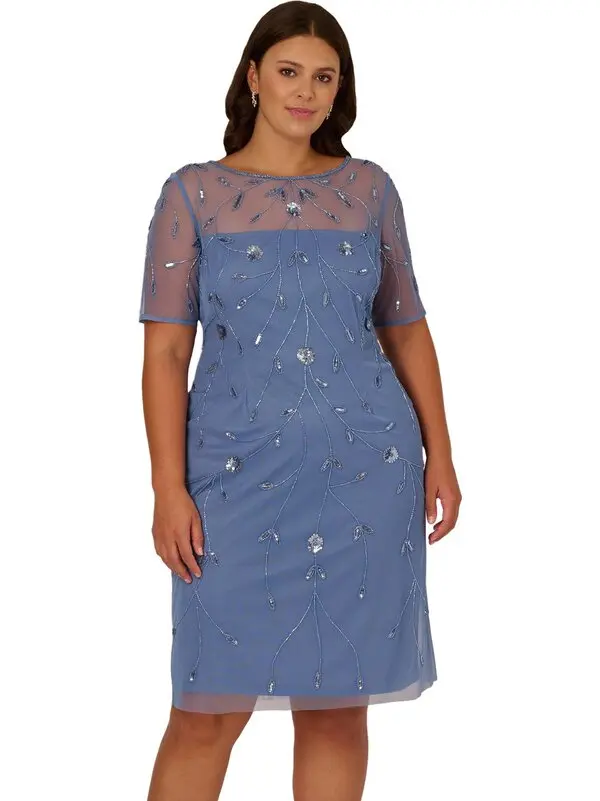 Adrianna Papell Short Sleeve Illusion Floral Beaded Sheath Dress - French Blue