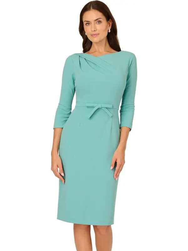 Adrianna Papell Three Quarter Sleeve Drape Collar Sheath Dress - Smoky Jade