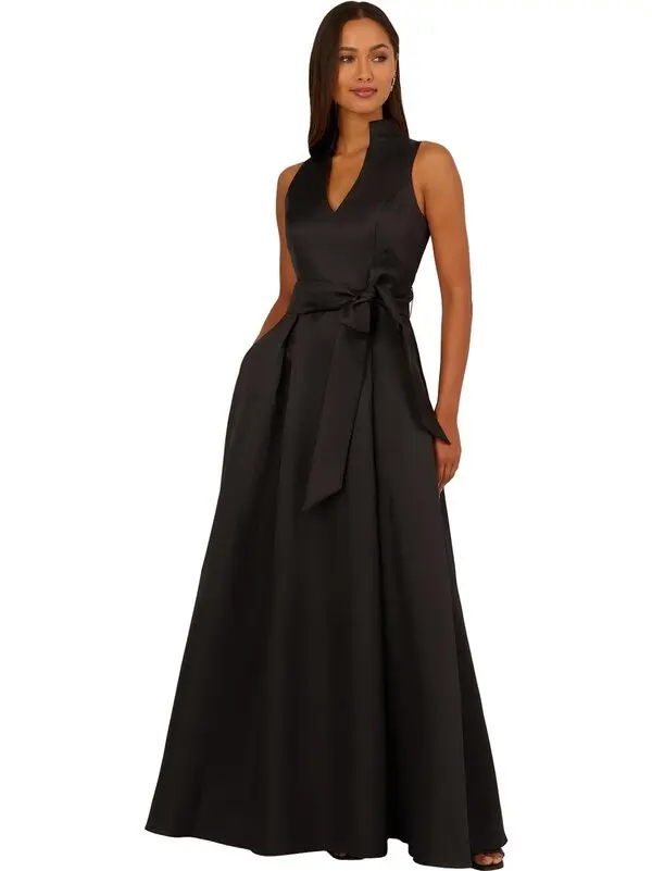 Adrianna Papell Sleeveless Queen Anne Tie Front Ballgown - Black