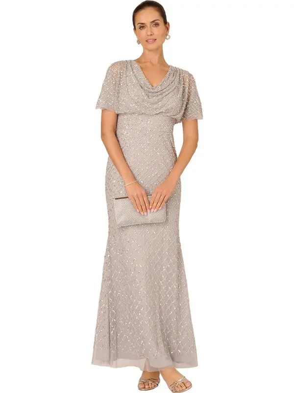 Adrianna Papell Diamond Beaded Cowl Gown - Crystal Silver
