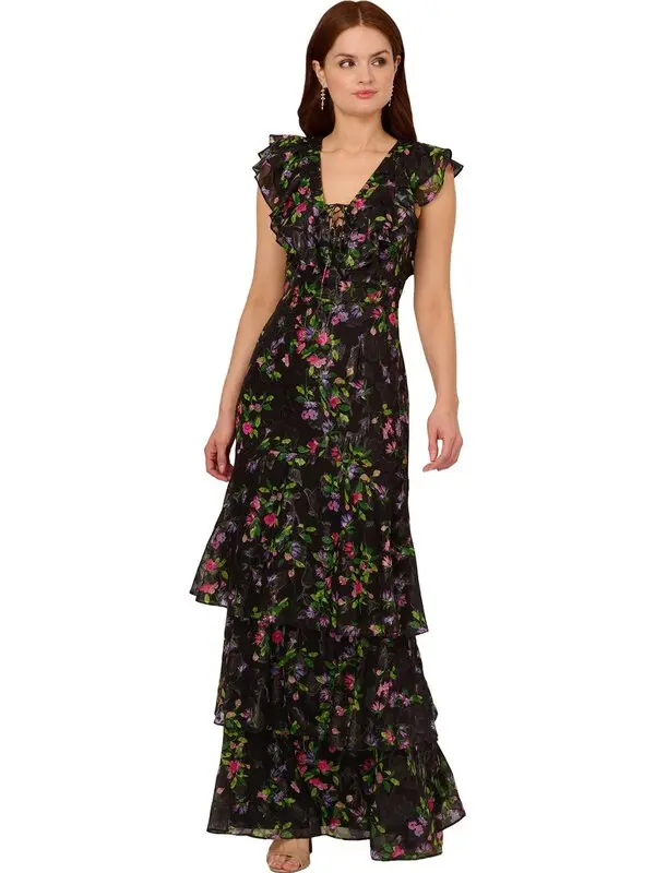 Adrianna Papell Floral Tiered Chiffon Gown - Black Multi