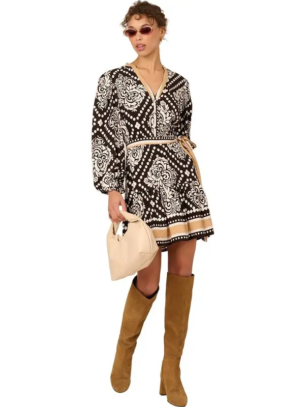 Adrianna Papell Bishop Sleeve Medallion Printed Short Dress - Black/ivory