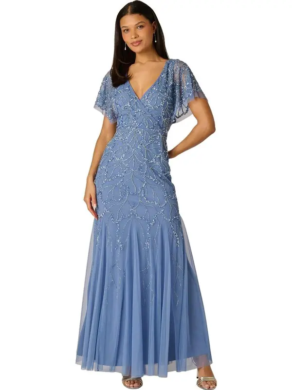 Adrianna Papell Flutter Sleeve Surplice Beaded Gown - French Blue