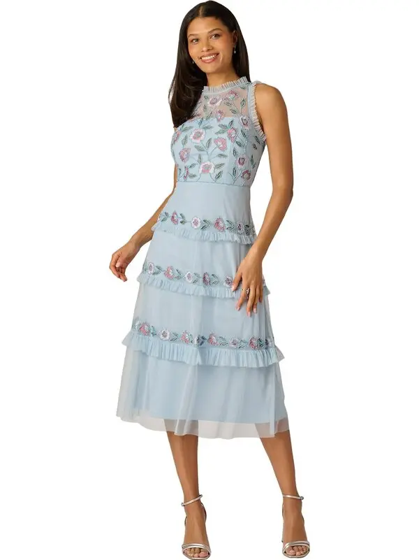 Adrianna Papell Floral Beaded Embroidery Ruffle Midi Dress - Elegant Sky Multi