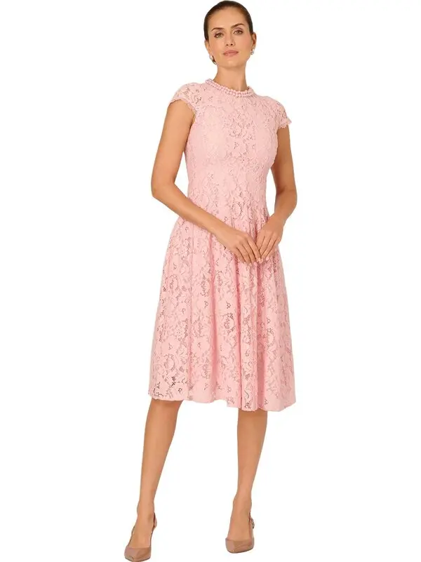 Adrianna Papell Cap Sleeve Pearly Lace Midi Dress - Blush Whisper