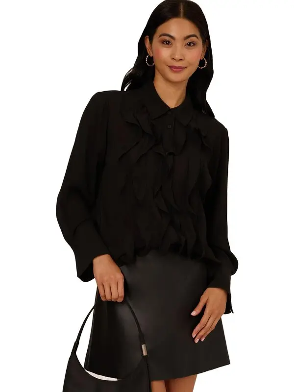 Adrianna Papell Long Sleeve Sheer Ruffle Blouse - Black