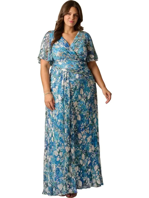 Adrianna Papell Flutter Sleeve Crinkle Foil Floral Gown - Blue Multi