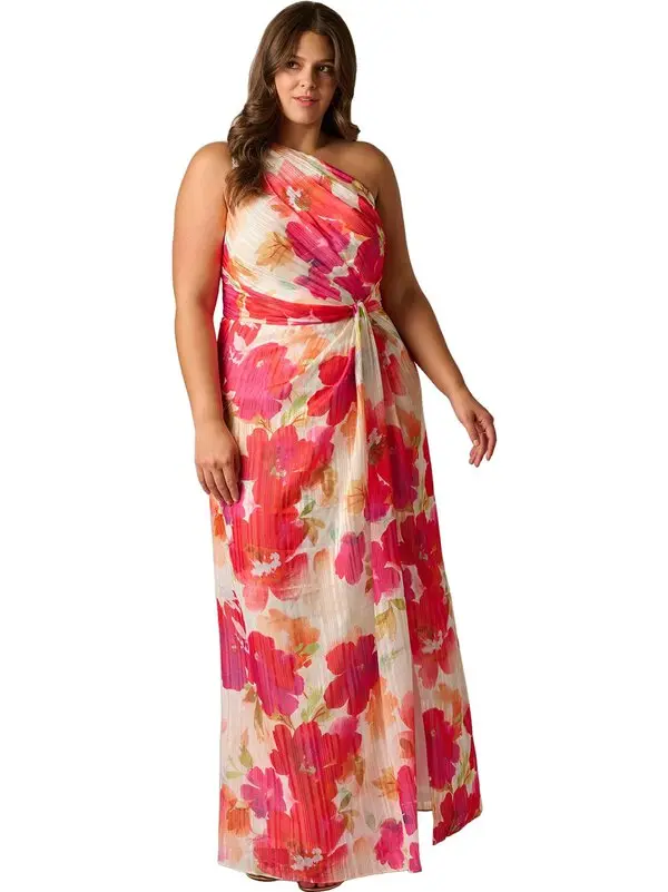 Adrianna Papell One Shoulder Watercolor Floral Stripe Gown - Ivory/pink Multi
