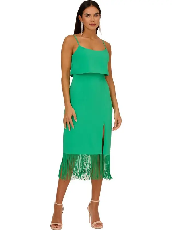 Adrianna Papell Stretch Crepe Popover Midi Dress With Fringe Hem - Summer Green