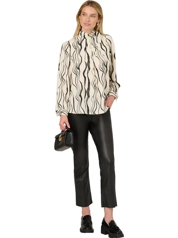 Adrianna Papell Long Sleeve Tie Neck Blouse - Ivory/black Abstract Brush