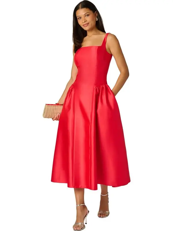 Adrianna Papell Drop Waist Fit And Flare Mikado Midi Dress - Persimmon