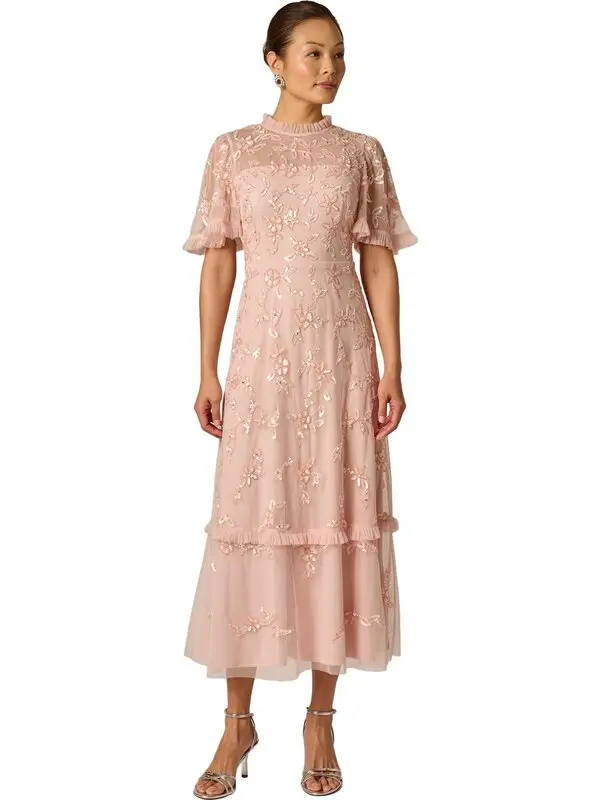 Adrianna Papell Floral Beaded Midi Dress With Flutter Sleeves - Blush Whisper