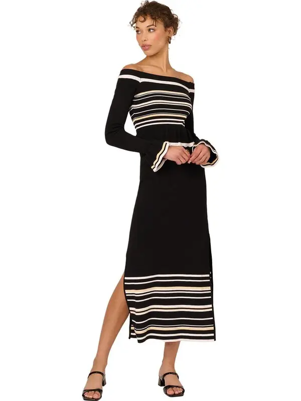 Adrianna Papell Off-the-shoulder Stripe Midi Dress - Ivory/black