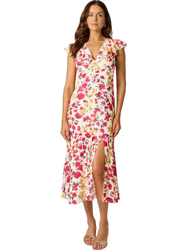 Adrianna Papell Floral Print Midi Dress With Flounce Collar - Ivory Multi