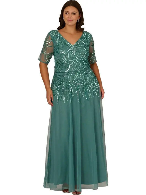 Adrianna Papell Beaded Mesh Long Dress - Green Slate