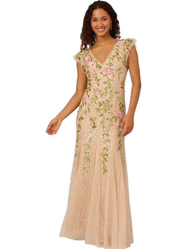 Adrianna Papell Floral Beaded Mermaid Gown With Flutter Cap Sleeves - Light Champagne