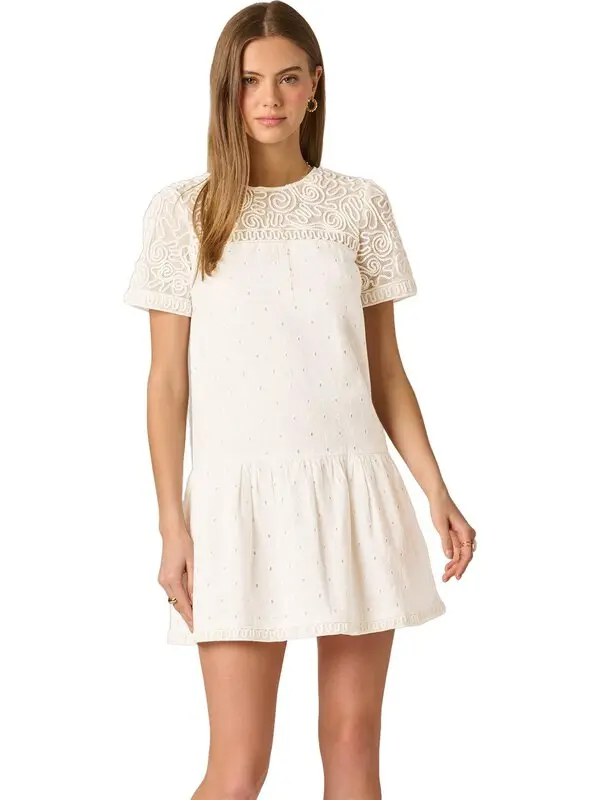Adrianna Papell Short Sleeve Cotton Eyelet Shift Dress - Ivory