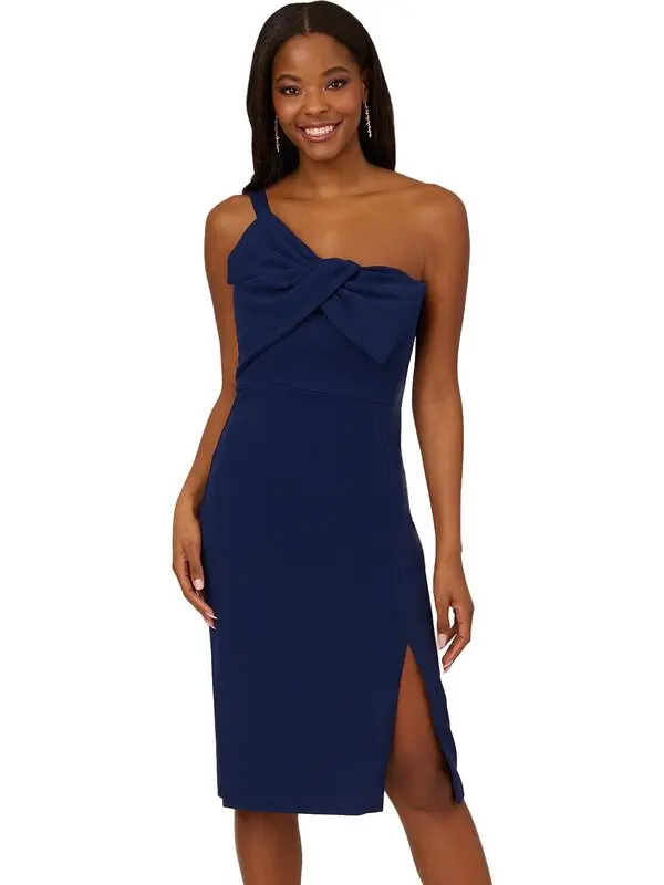 Adrianna Papell One-shoulder Sheath Dress With Bow - Navy Sateen