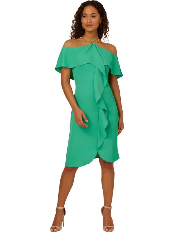 Adrianna Papell Ruffle Popover Midi Dress With Chain Halter Neckline - Flora Green