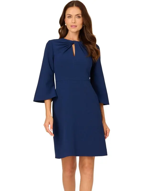 Adrianna Papell Bell Sleeve Stretch Crepe Keyhole Sheath Dress - Navy Sateen