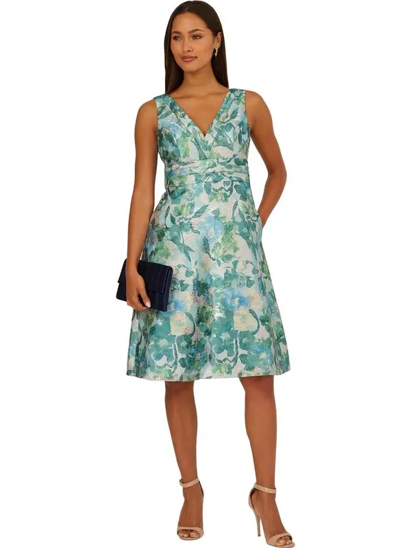 Adrianna Papell Floral Jacquard Midi Dress - Blue Multi