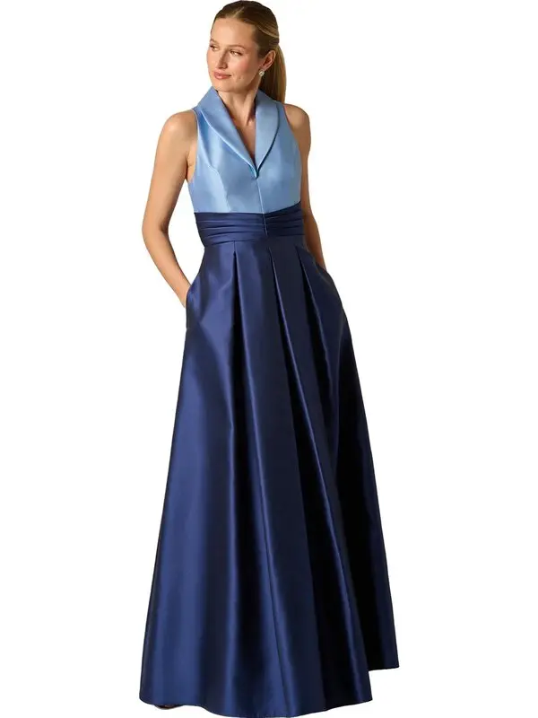 Adrianna Papell Sleeveless Color Block Tuxedo Ballgown - Icy Topaz/navy