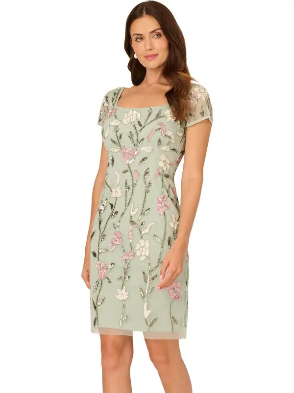 Adrianna Papell Short Sleeve Floral Beaded Square Neck Cocktail Dress - Icy Sage