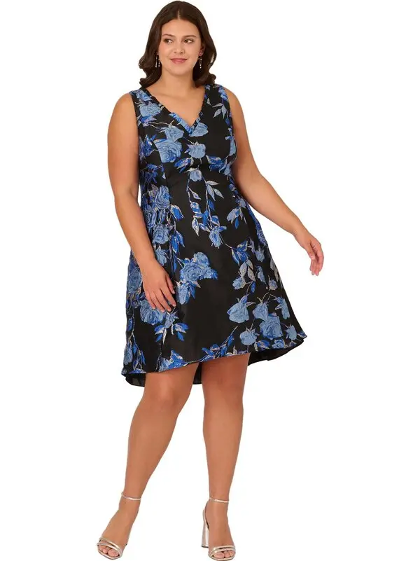Adrianna Papell Floral Jacquard Fit And Flare Dress - Blue/black Multi