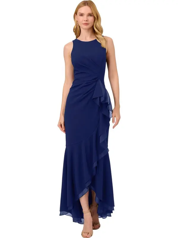Adrianna Papell High-low Crepe Halter Gown With Organza Draping - Navy Sateen