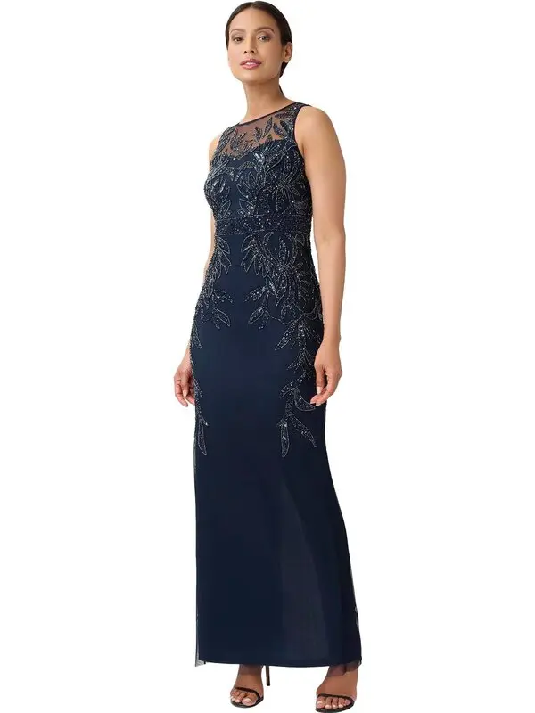Adrianna Papell Hand-beaded Sleeveless Column Gown - Midnight