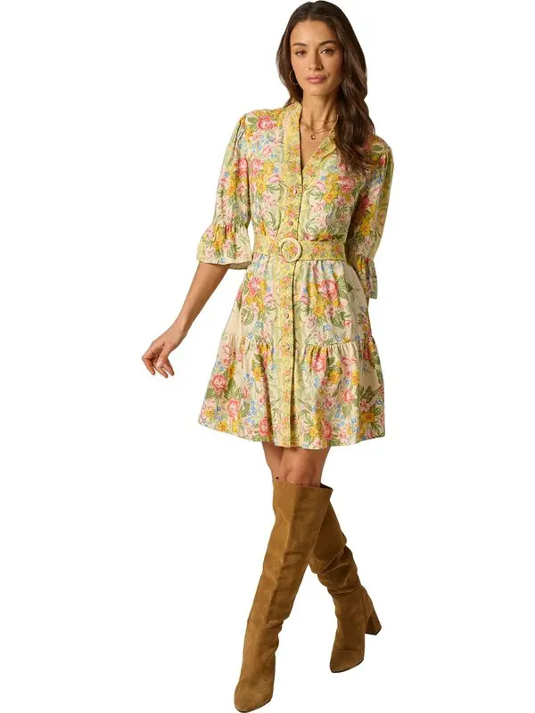 Adrianna Papell Floral Print Short Dress With Bell Sleeves - Pale Yellow