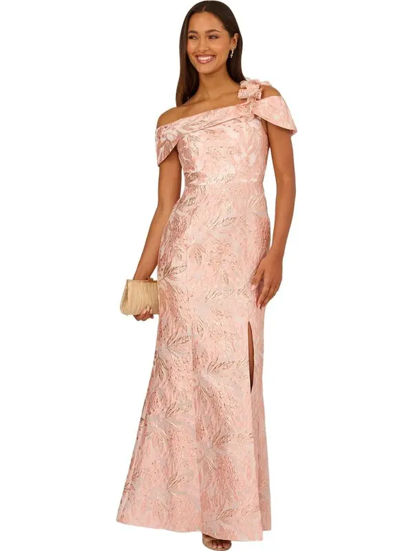 Adrianna Papell Off Shoulder 3d Floral Jacquard Gown - Blush