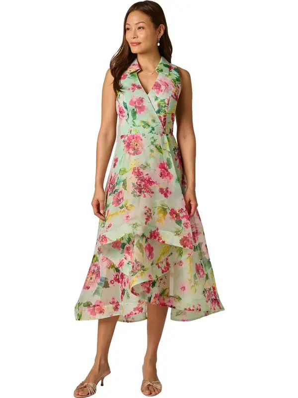 Adrianna Papell Collared Floral Organza High-low Midi Dress - Mint Multi