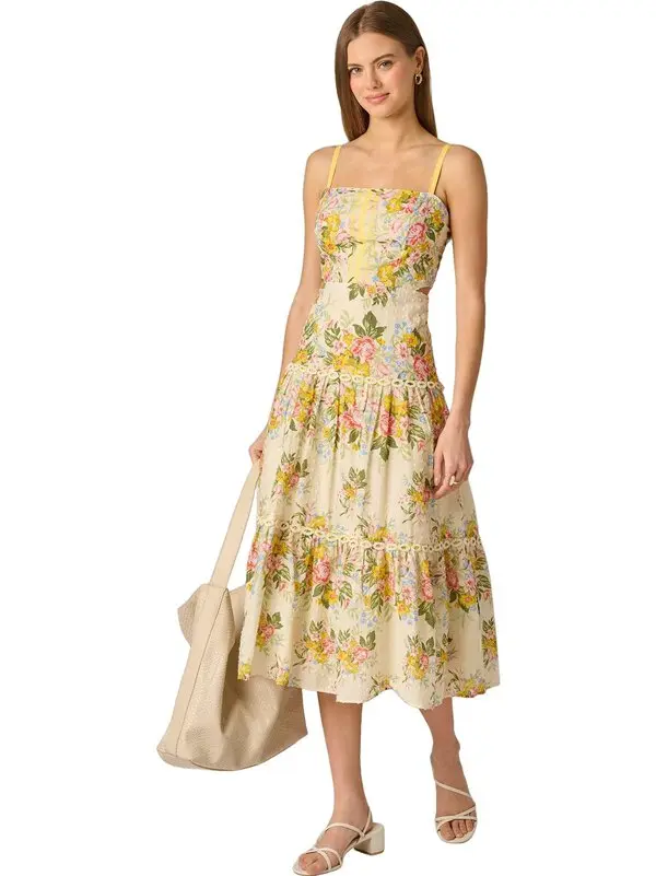 Adrianna Papell Cotton Floral Swiss Dot Midi Dress - Pale Yellow