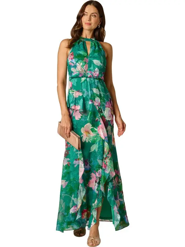 Adrianna Papell Floral Chiffon Blouson Ruffle Halter Gown - Green Multi