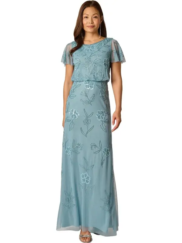 Adrianna Papell Floral Beaded Blouson Gown With Flutter Sleeves - Air Sky