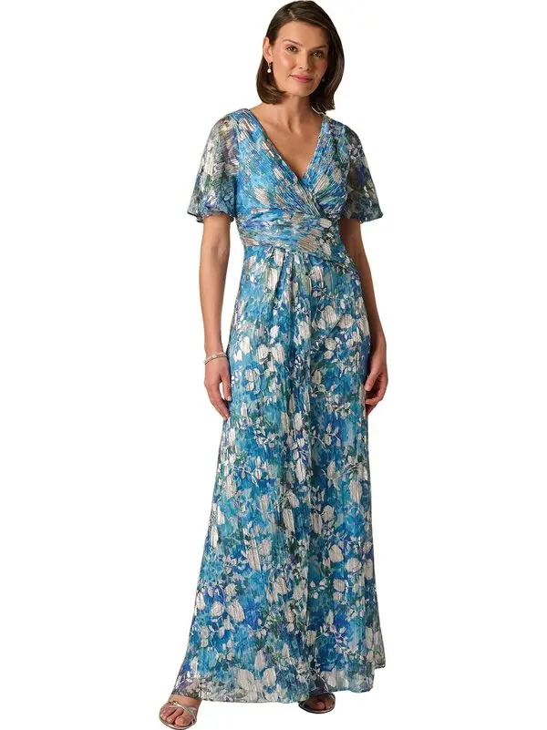 Adrianna Papell Flutter Sleeve Crinkle Foil Floral Gown - Blue Multi