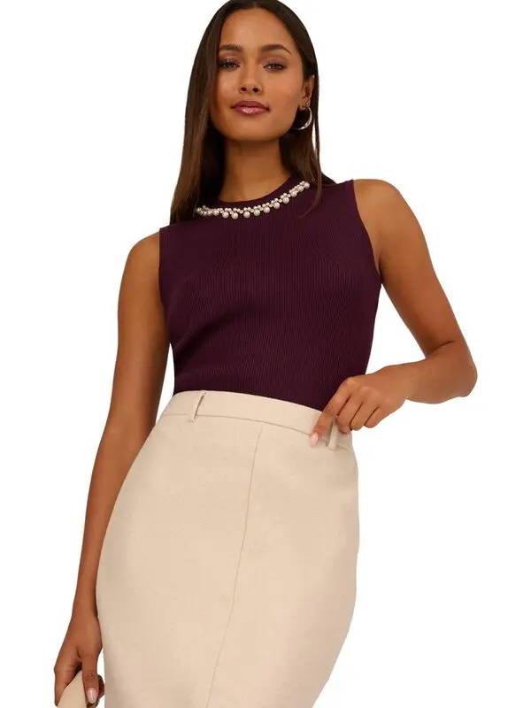 Adrianna Papell Sleeveless Knit Top With Beaded Collar - Plum
