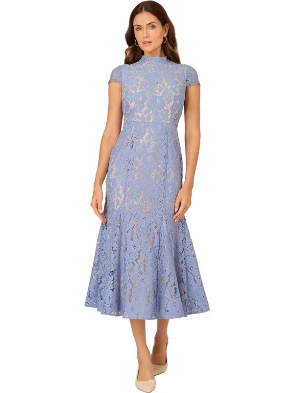 Adrianna Papell Lace Cap Sleeve Midi Dress - French Blue/nude