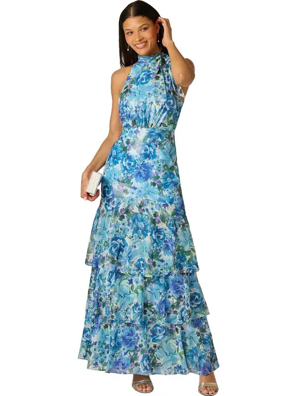 Adrianna Papell Tiered Metallic Floral Chiffon Halter Gown - Blue Multi