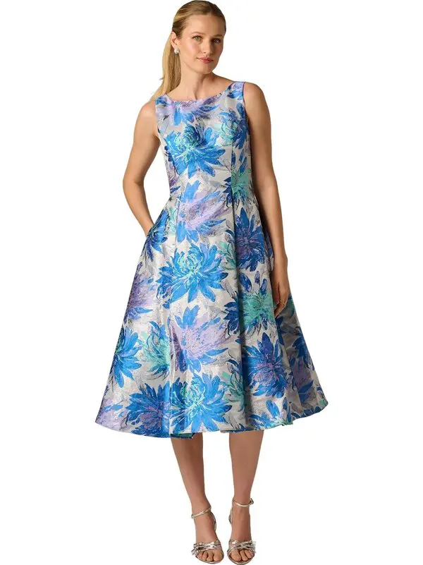 Adrianna Papell Chrysanthemum Floral Jacquard Tea Length Dress - Blue Multi