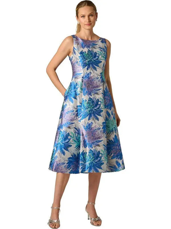 Adrianna Papell Chrysanthemum Floral Jacquard Tea Length Dress - Blue Multi