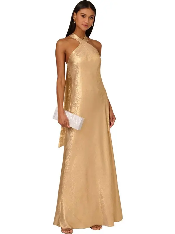 Adrianna Papell Foiled Mermaid Gown With Halter Neckline - Light Gold