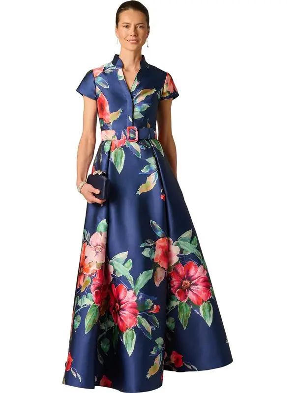 Adrianna Papell Short Sleeve Magnolia Floral Ballgown - Navy Multi