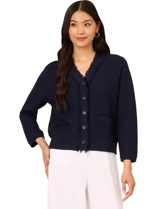 Adrianna Papell Waffle Knit Cardigan Sweater With Frayed Edges - Blue Moon