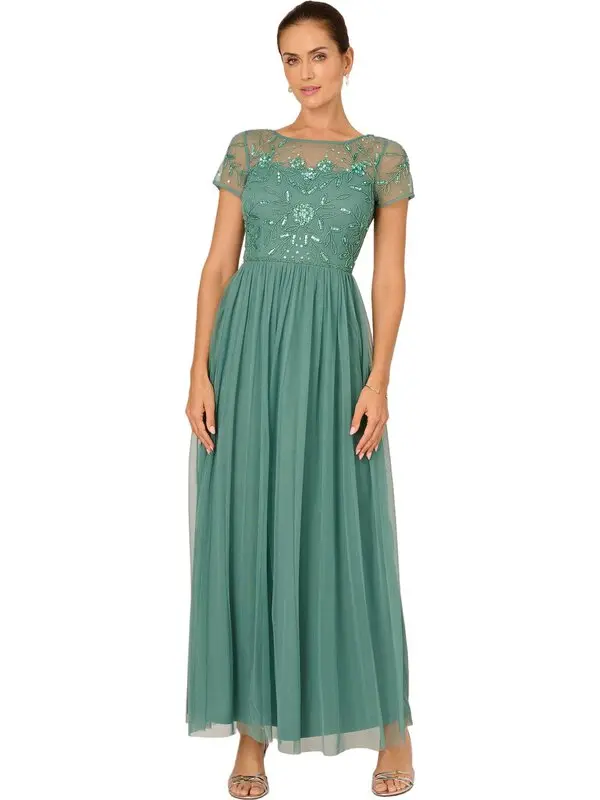 Adrianna Papell Short Sleeve Beaded Illusion Gown - Green Slate