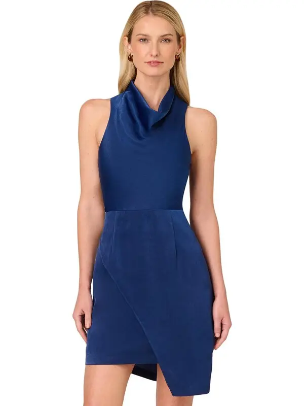 Adrianna Papell Satin Asymmetric Draped Dress - Navy