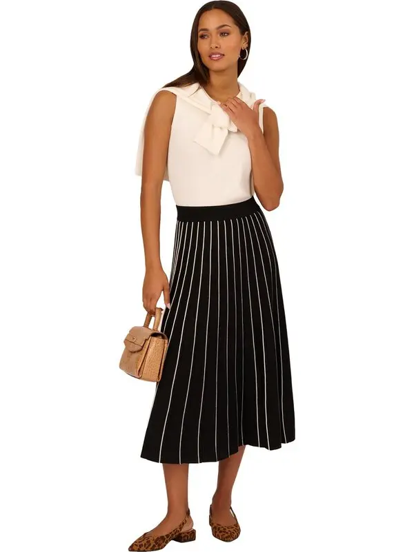 Adrianna Papell Pleated Pinstriped Knit Midi Skirt - Black/cream