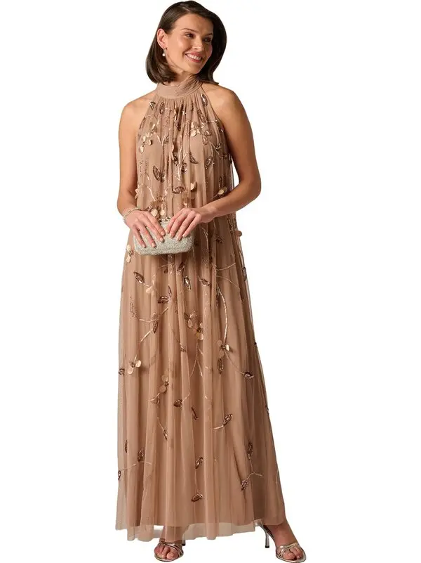 Adrianna Papell 3d Floral Sequin Beaded Trapeze Gown - Cafe Mocha